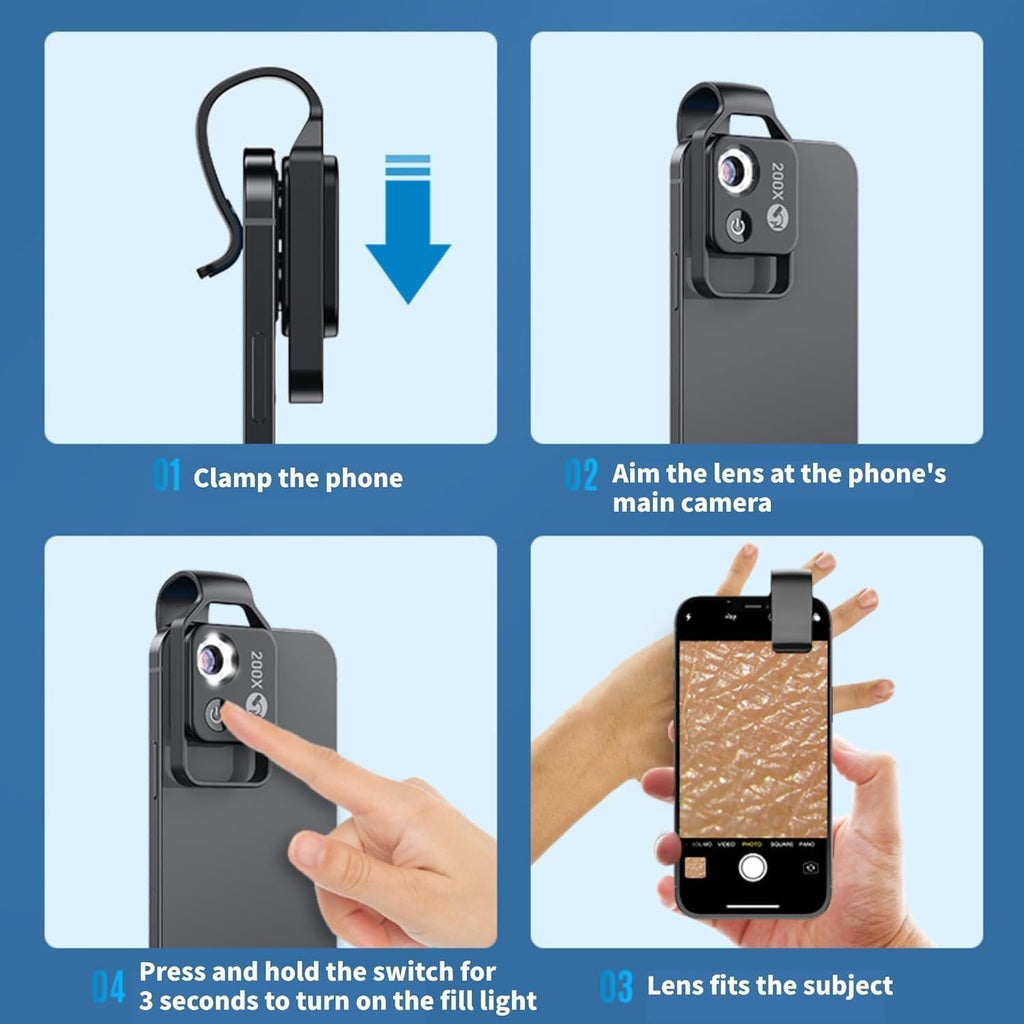 APEXEL 200x Mobilmikroskop, Mini Fickmikroskop, 6 LED-ljusguider, 2 ni ...