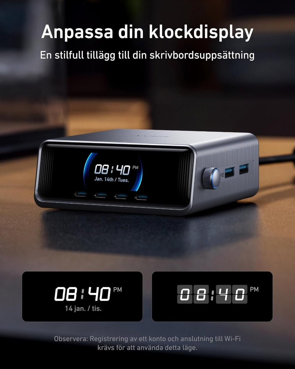 Anker Prime 250 W USB-C-laddare, Ultrasnabb 6-portars GaN, 6 cm LCD-di ...