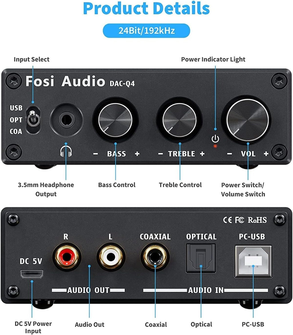 Fosi Audio Mini DAC & hörlursförstärkare, 24 bit/192 kHz USB/optisk/ko ...